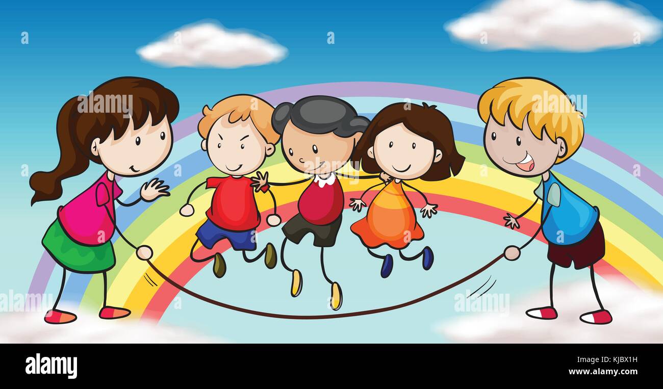 Illustration of the five kids playing in front of a rainbow Stock ...