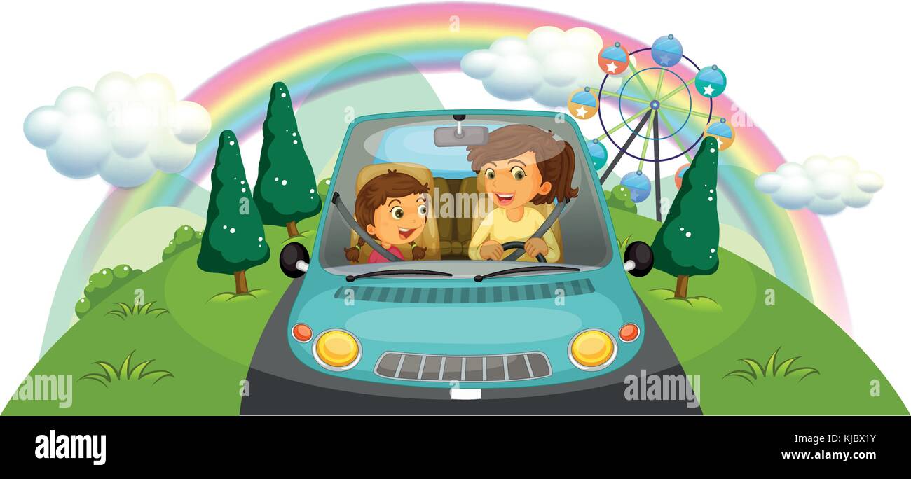 Illustration of a mother driving the car with her daughter on a white ...