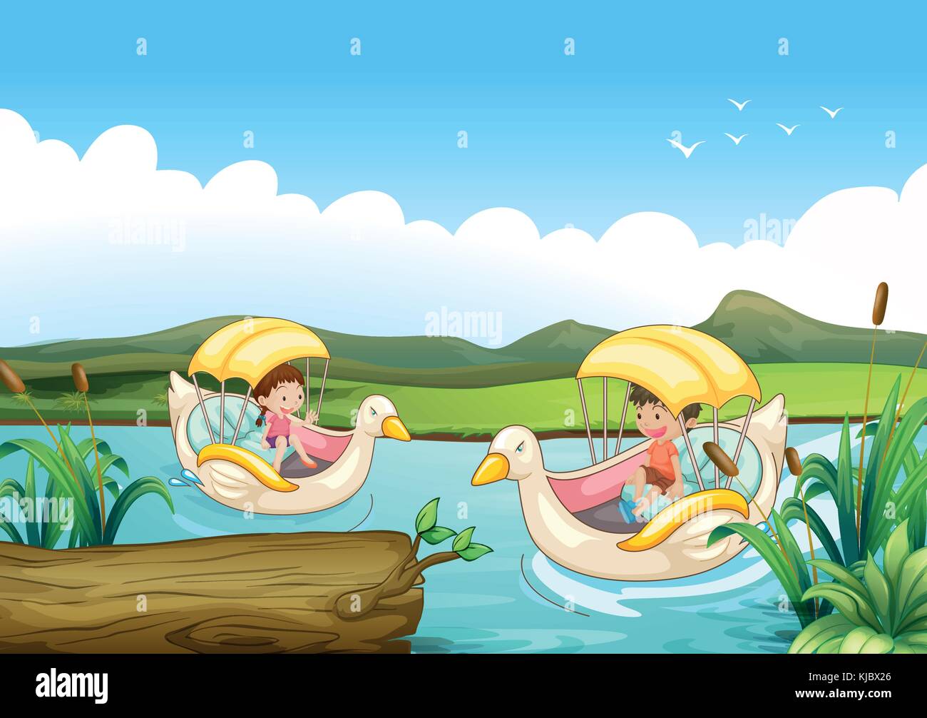 Illustration of the two swan boats at the river Stock Vector Image ...