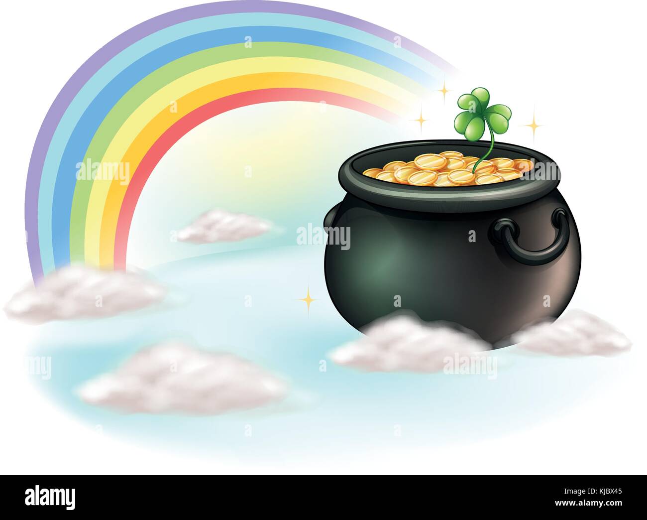 Illustration of the golden coins and the rainbow on a white background ...