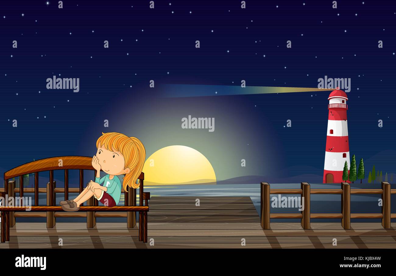 Illustration of a girl at the wooden bridge Stock Vector Image & Art ...