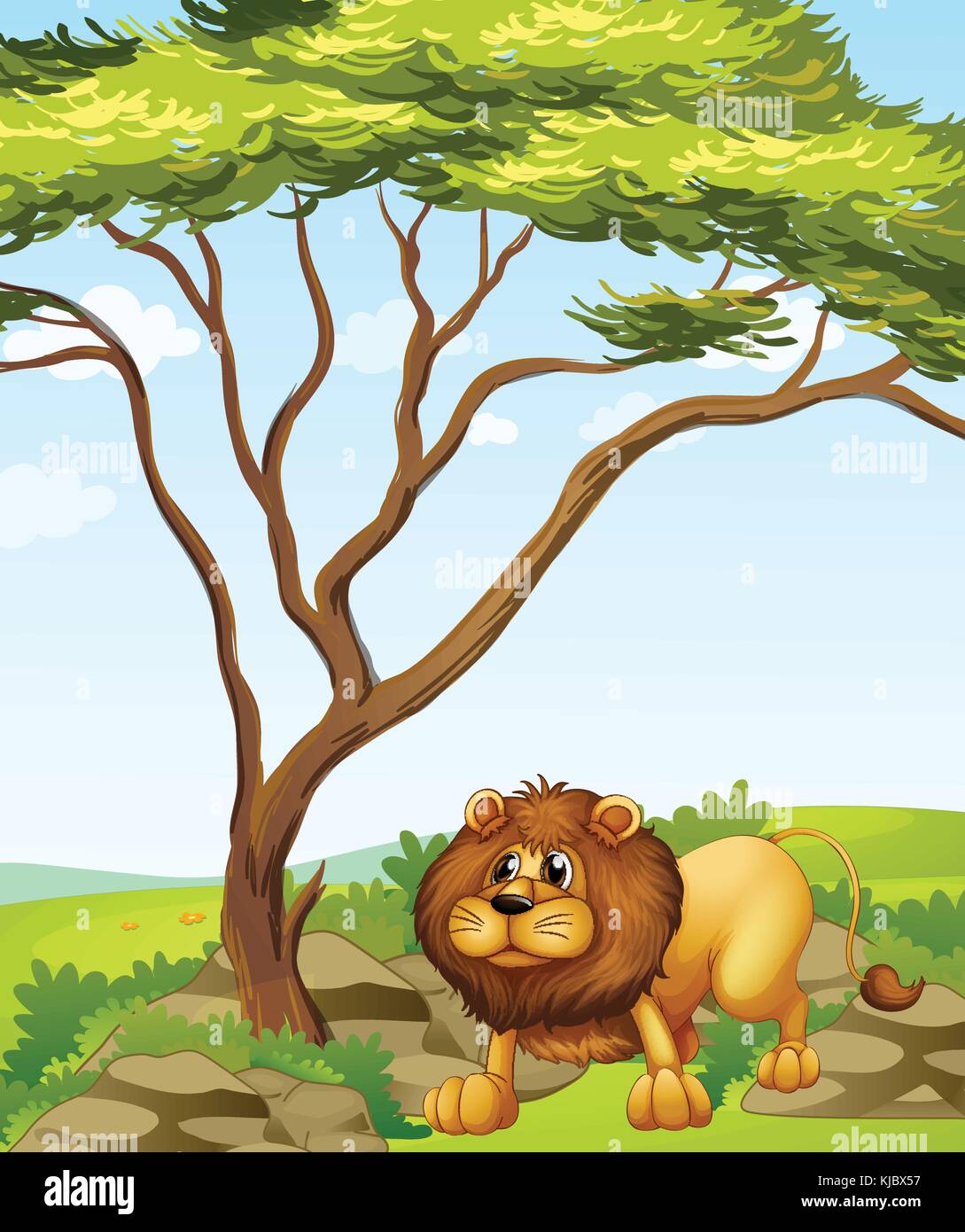 Illustration of a lion near a big tree in the hills Stock Vector Image ...