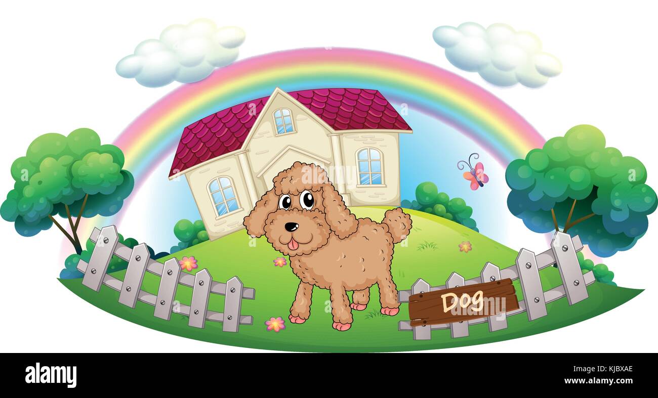 Illustration of a brown puppy in front of a house on a white background ...