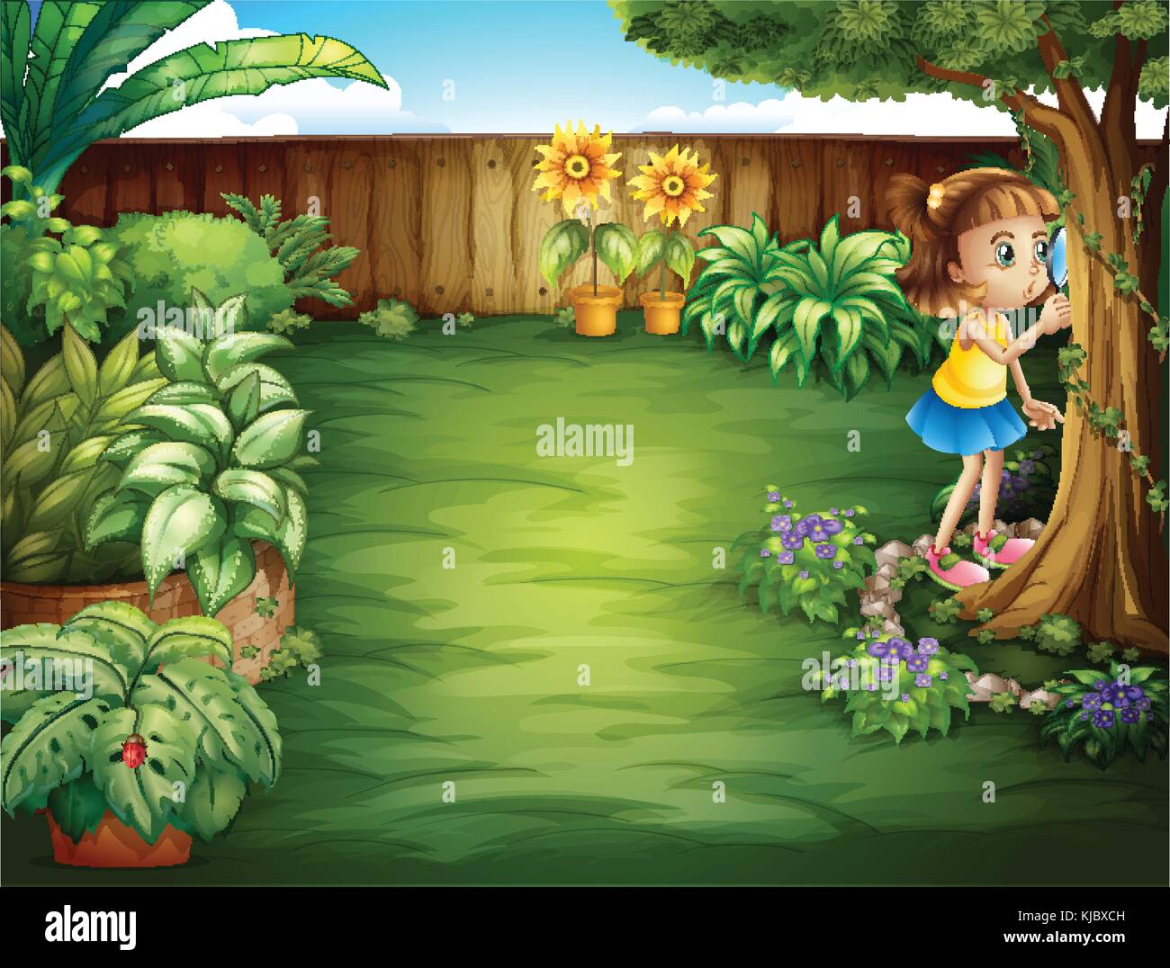 Illustration of a little girl studying the plants in the garden Stock ...