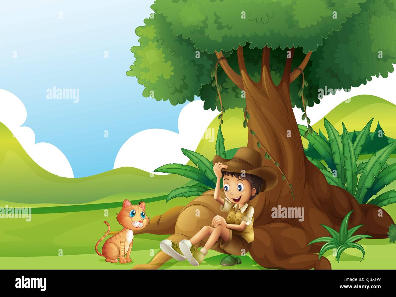 Illustration of a young boy and a cat under the big tree Stock Vector ...