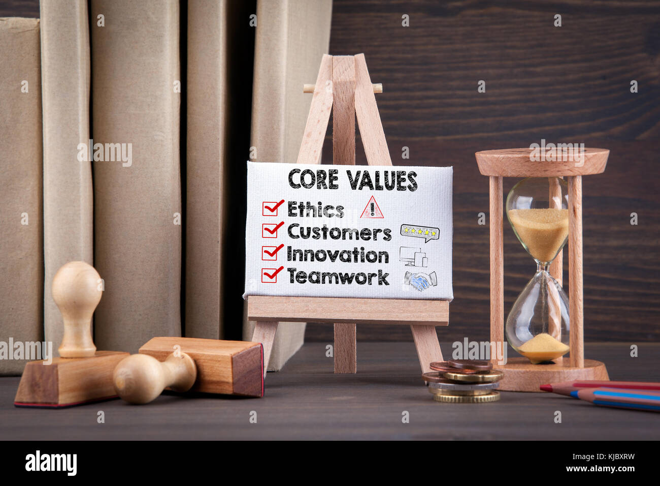 Core Values concept with icons. Sandglass, hourglass or egg timer on ...