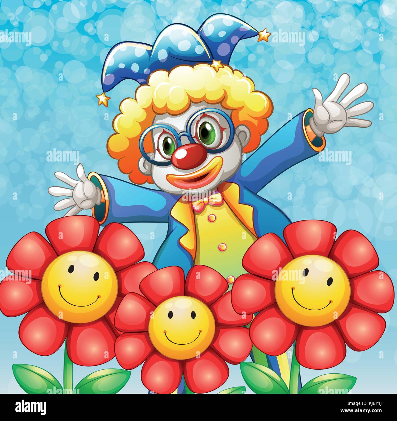 Illustration of a clown at the back of the three lovely flowers Stock ...