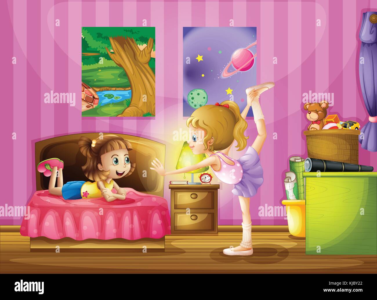 Illustration of two young girls inside a bedroom Stock Vector Image ...