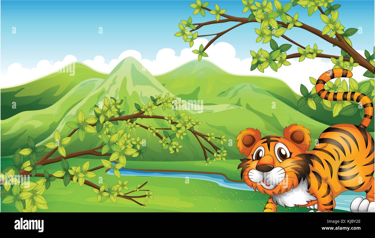 Illustration of a tiger with a mountain view at the back Stock Vector ...