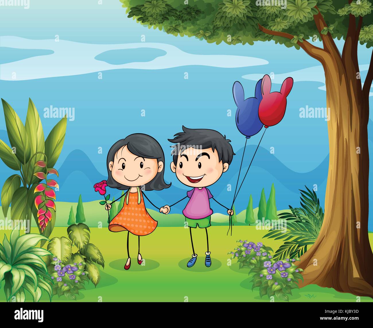Illustration of a girl and a boy dating in the garden Stock Vector ...
