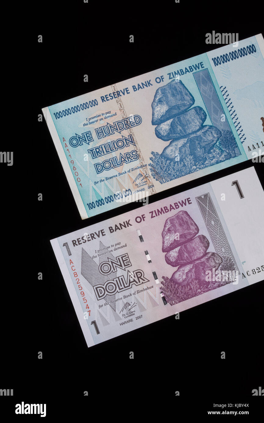 Hyperinflation - 100 Trillion Dollar Zimbabwe banknote (2008) & 2007 1 ...