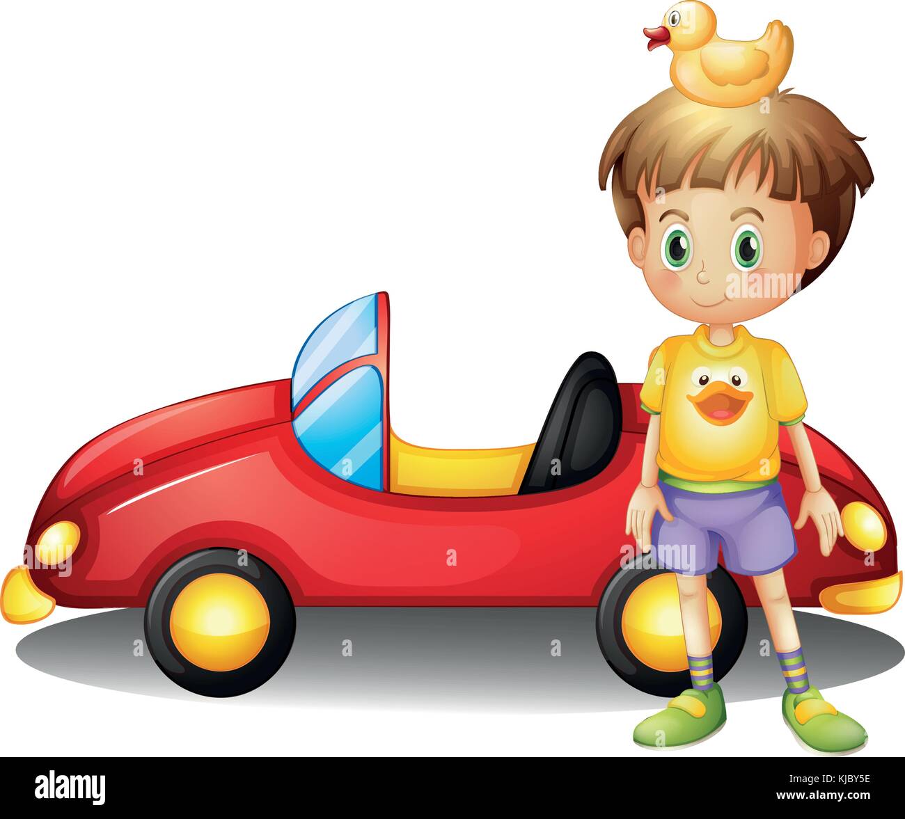 Illustration of a young boy with a rubber duck and a big toy car on a ...