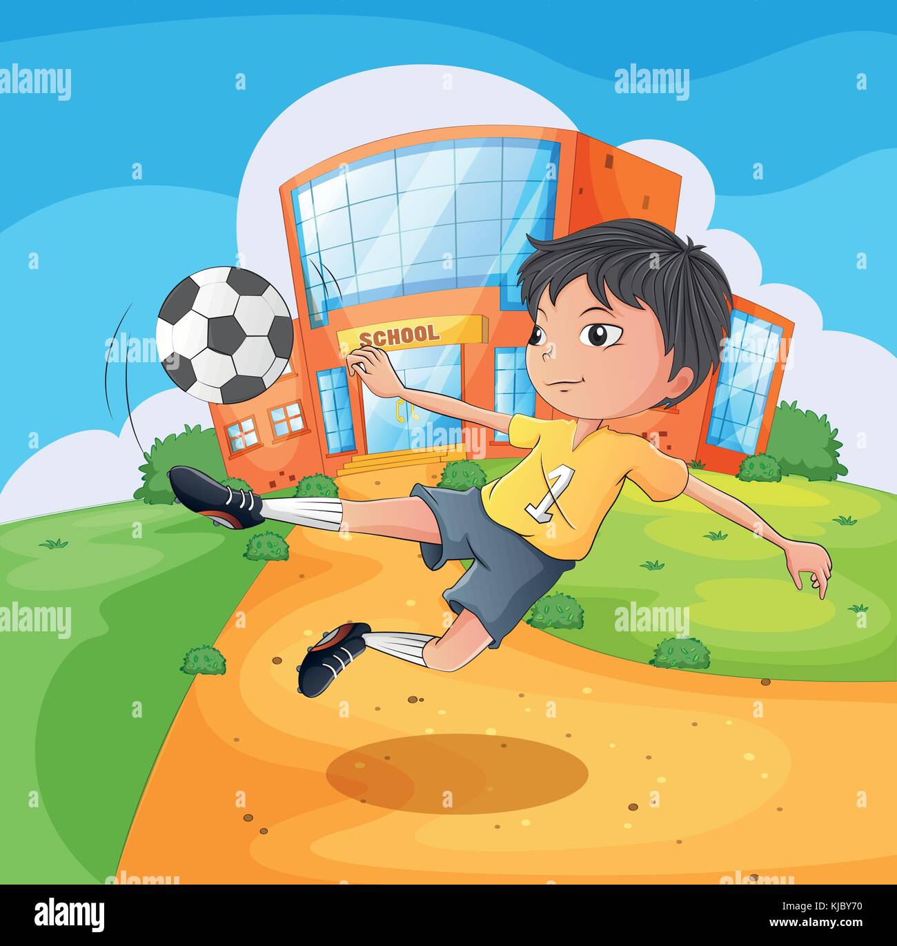 Illustration of a soccer player in front of the school building Stock ...