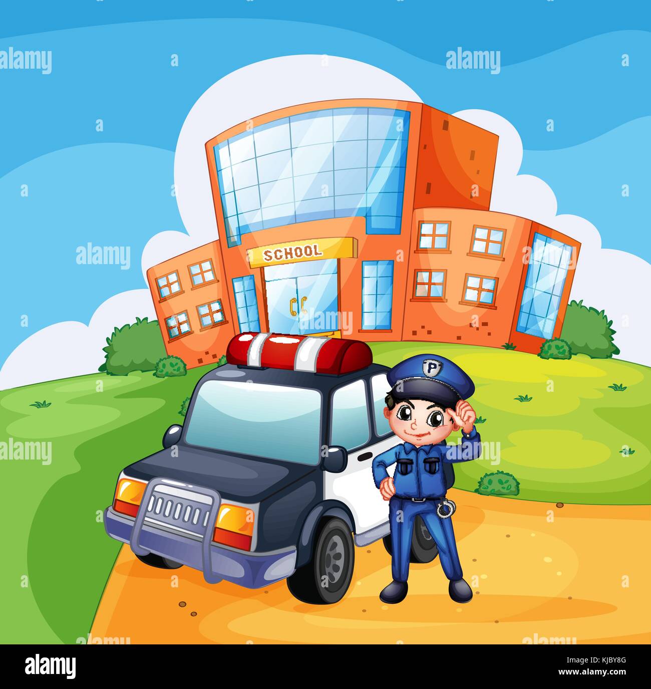 Illustration of a patrol car and the policeman near the school Stock ...