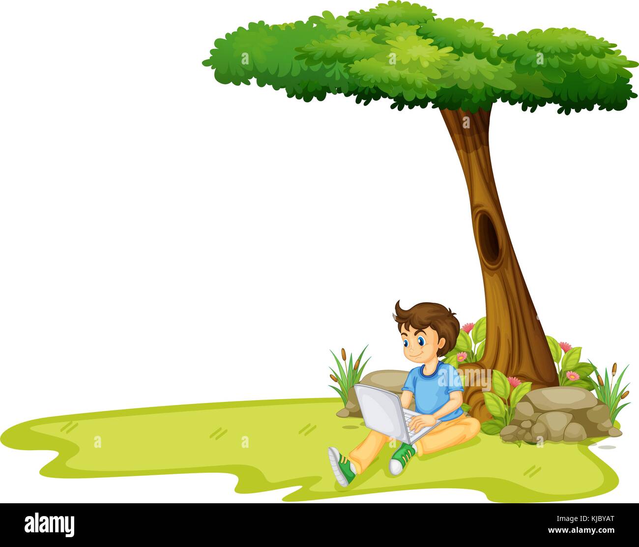 Illustration of a boy using his laptop under a tree on a white ...