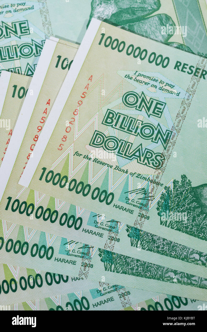 Hyperinflation - 1 billion Dollar Zimbabwe banknote from 2008. Metaphor ...