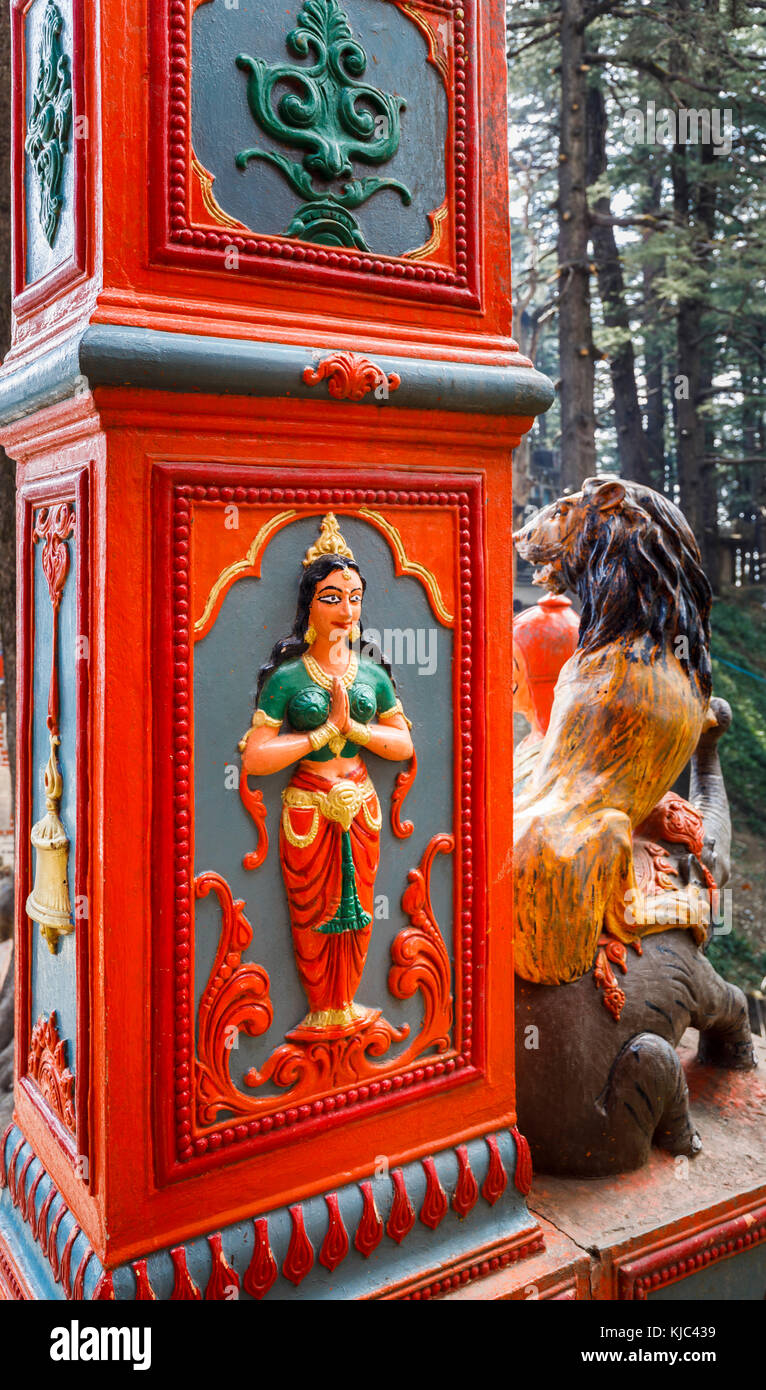 Carvings decorating an entrance pillar to the Hindu Jakhu Temple, Jakhu ...