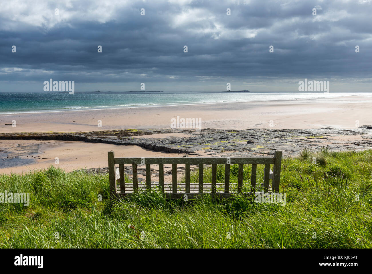 Wooden bench on the dune heath overlooking the beach and the North Sea ...