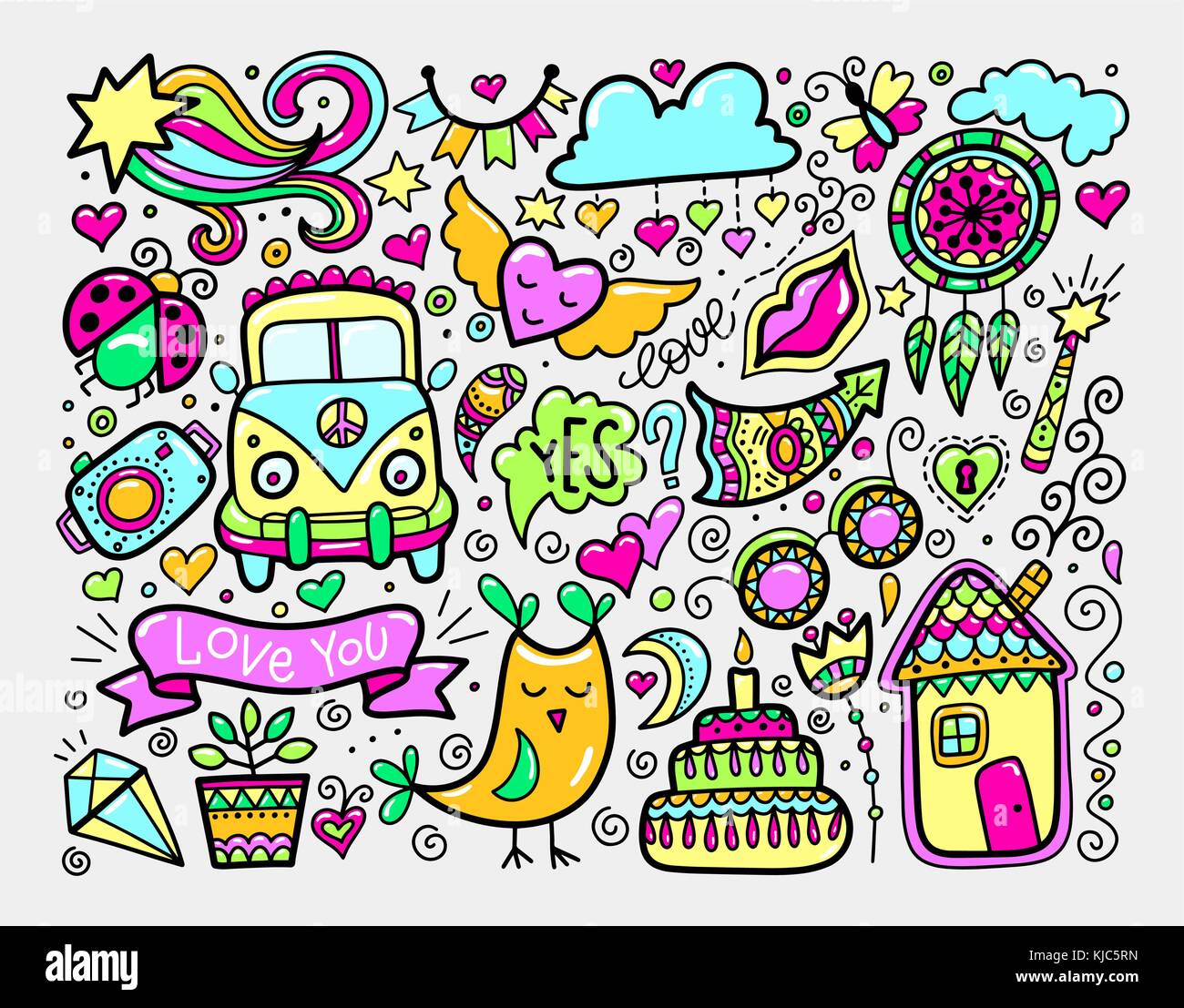 bright sketch drawing doodle elements set, lovely collection Stock ...