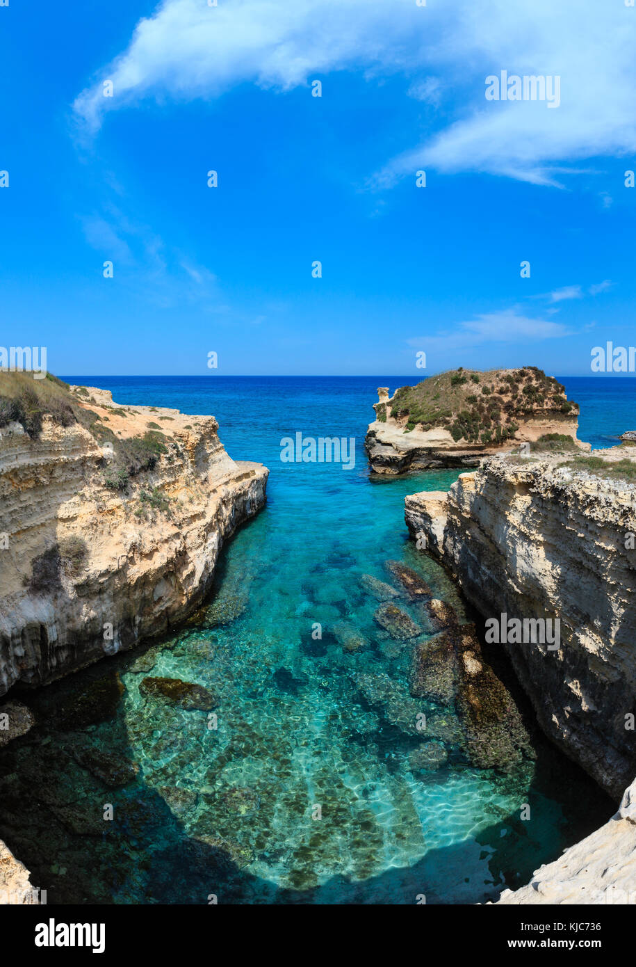 Picturesque seascape with white rocky cliffs, sea bay and islets at ...