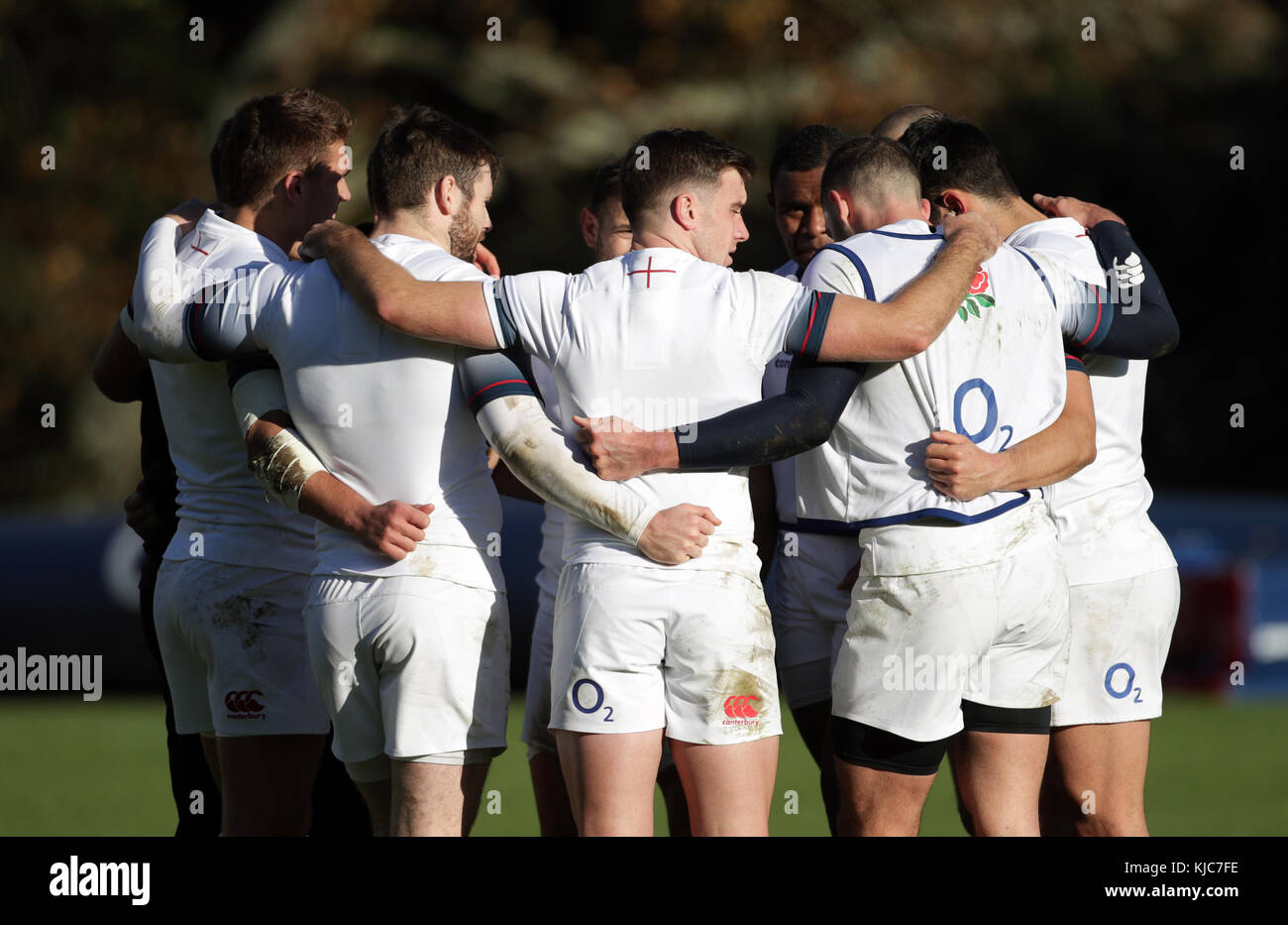 England team huddle during the training session at Pennyhill Park ...