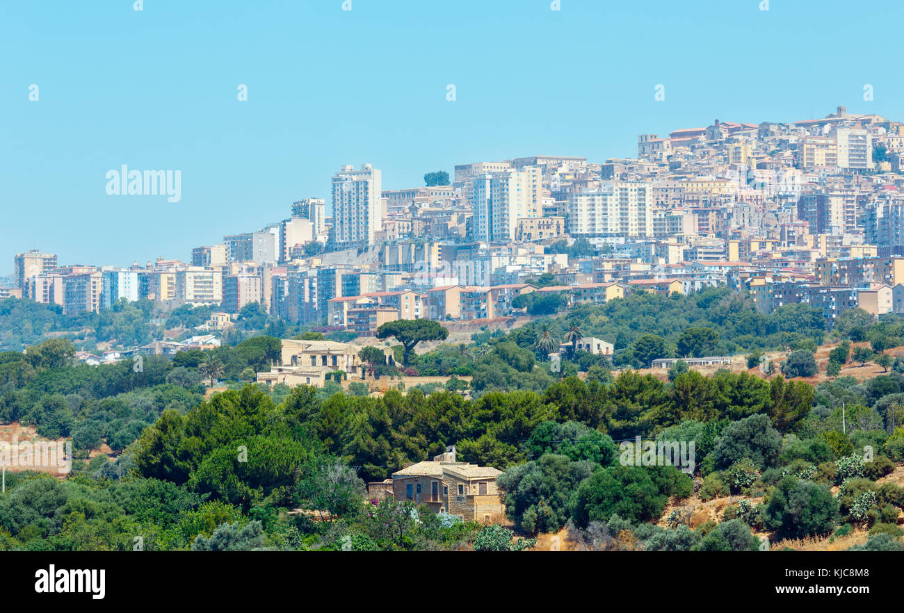 View to Agrigento town from famous ancient ruins in Valley of Temples ...