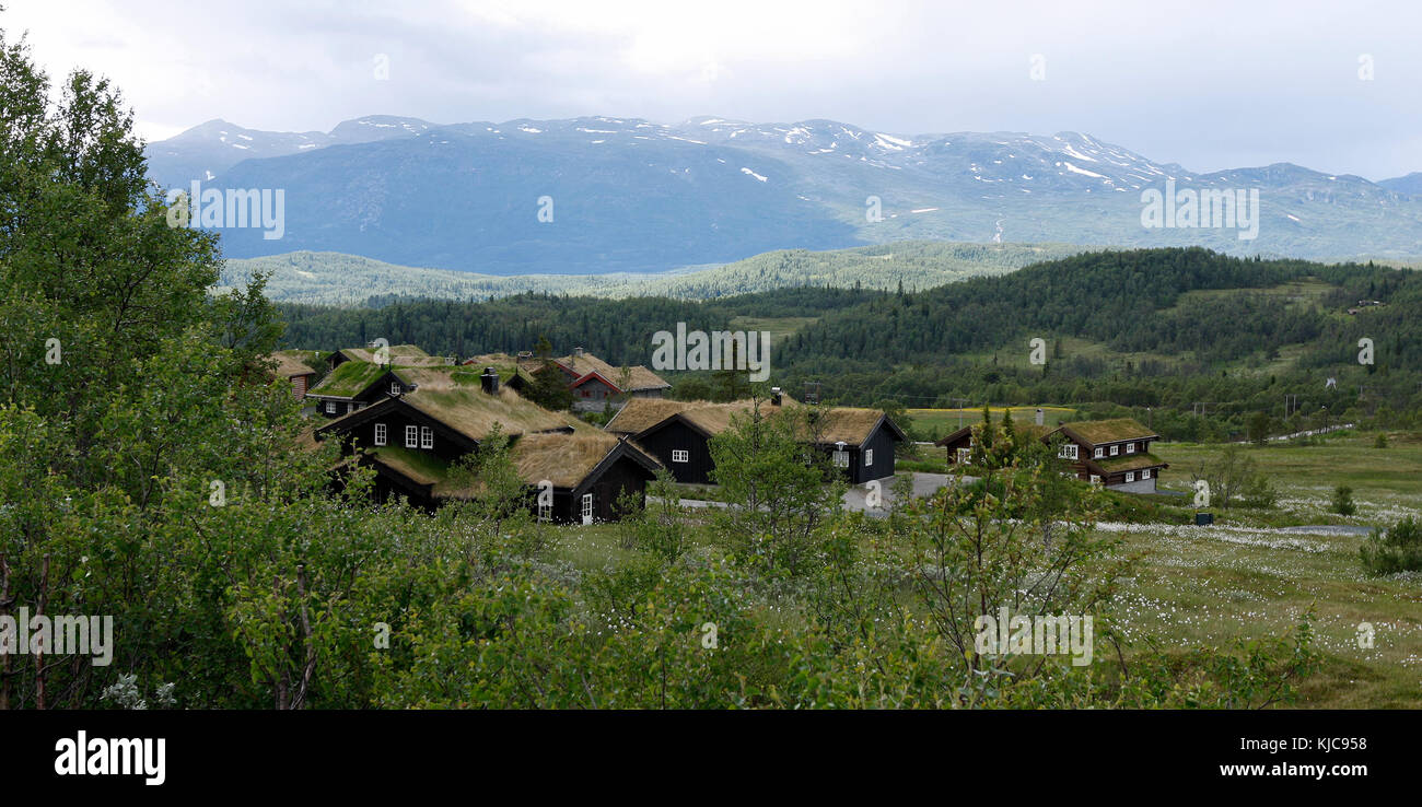 TELEMARK, NORWAY ON JULY 06, 2010. View of a village, buildings and a ...