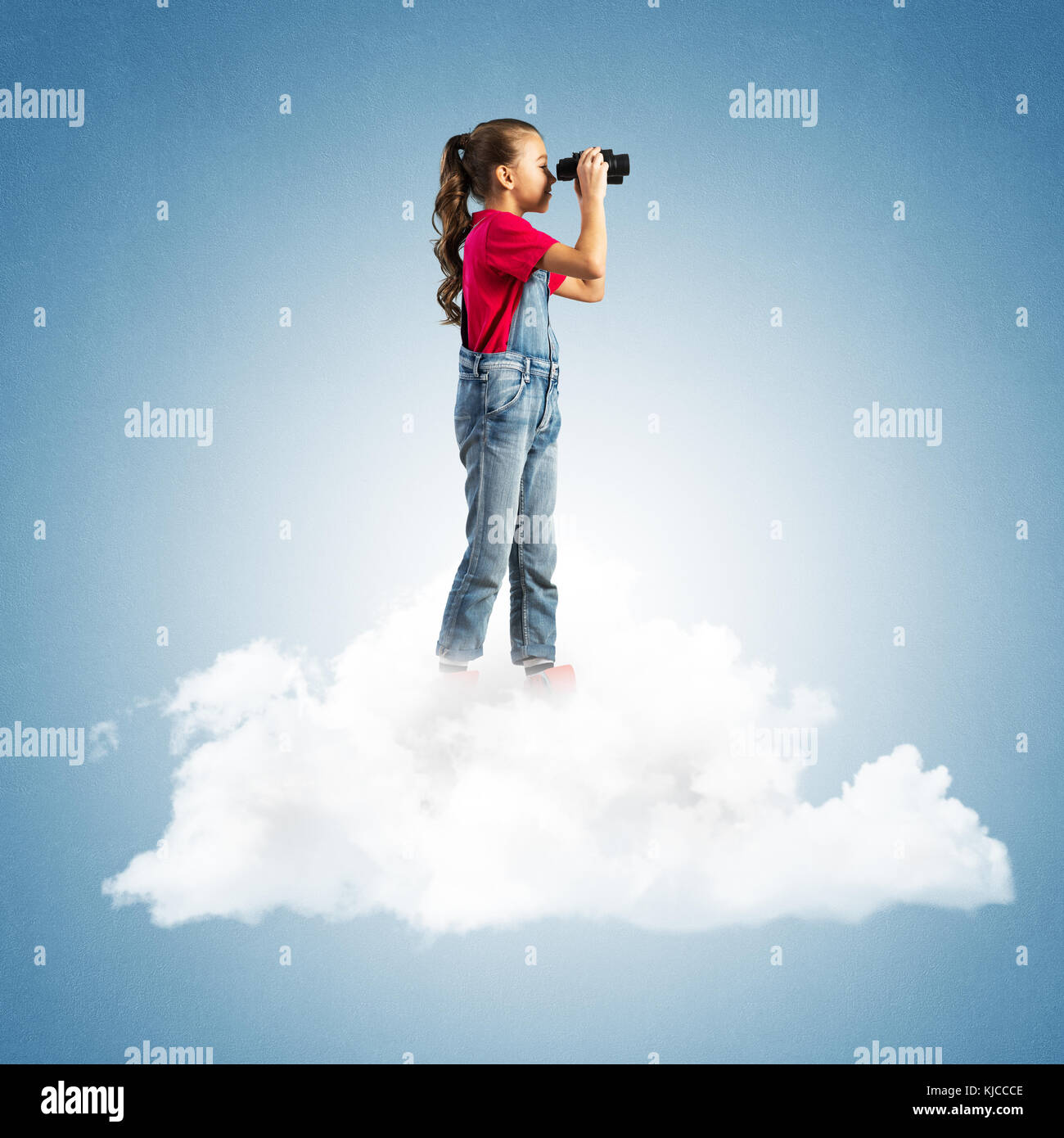 Concept of careless happy childhood with girl dreaming about future ...