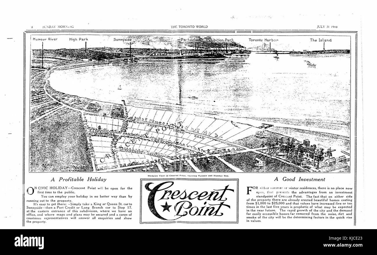 Drawing of Humber Bay highlighting the Crescent Point development 1910 ...