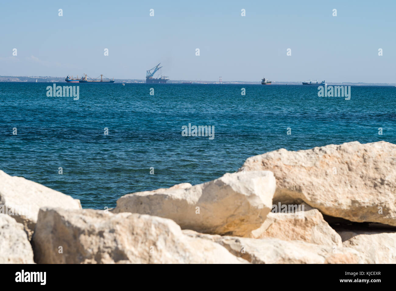 View of Larnaca bay from fishing pier - marina Stock Photo - Alamy