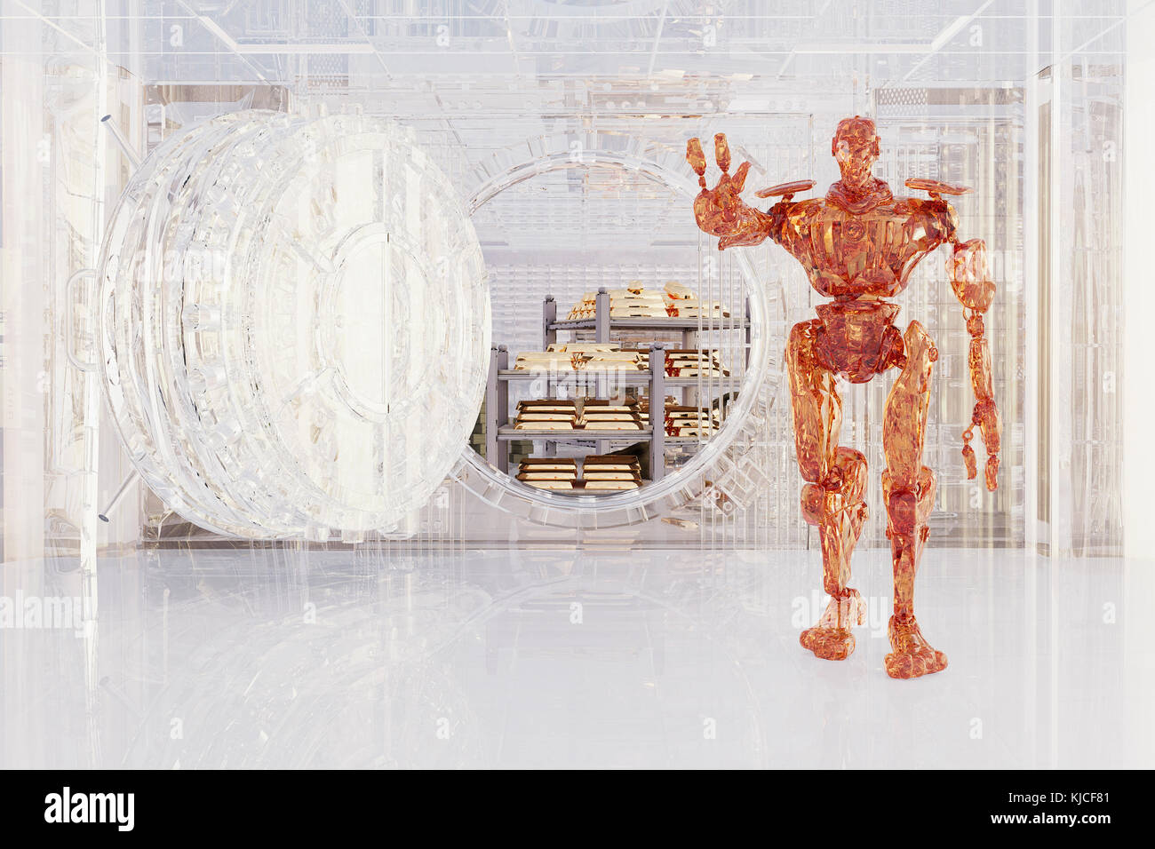 Futuristic robot protecting vault in bank Stock Photo - Alamy