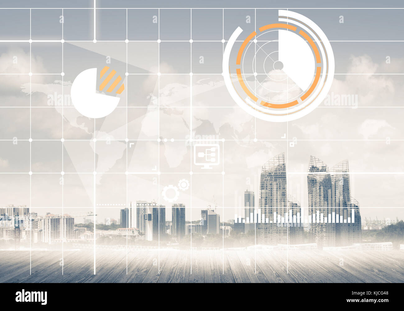 Natural background with modern cityscape wooden floor and media Stock ...