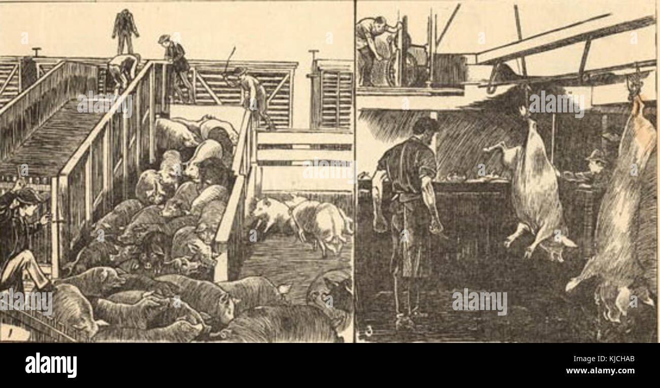 This historical image from 1876 depicts pork packers working in a ...