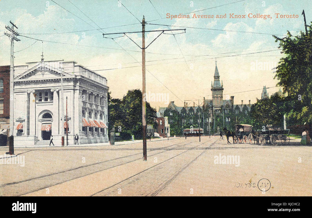 A historical postcard depicting the intersection of Spadina and College ...