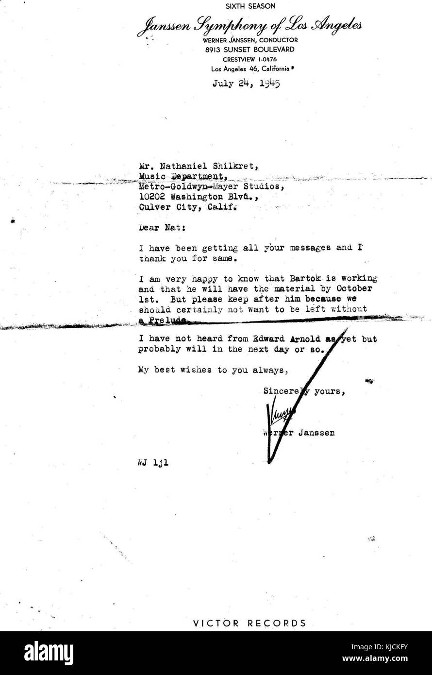 1945 07 24 letter Janssen to Shilkret Stock Photo - Alamy