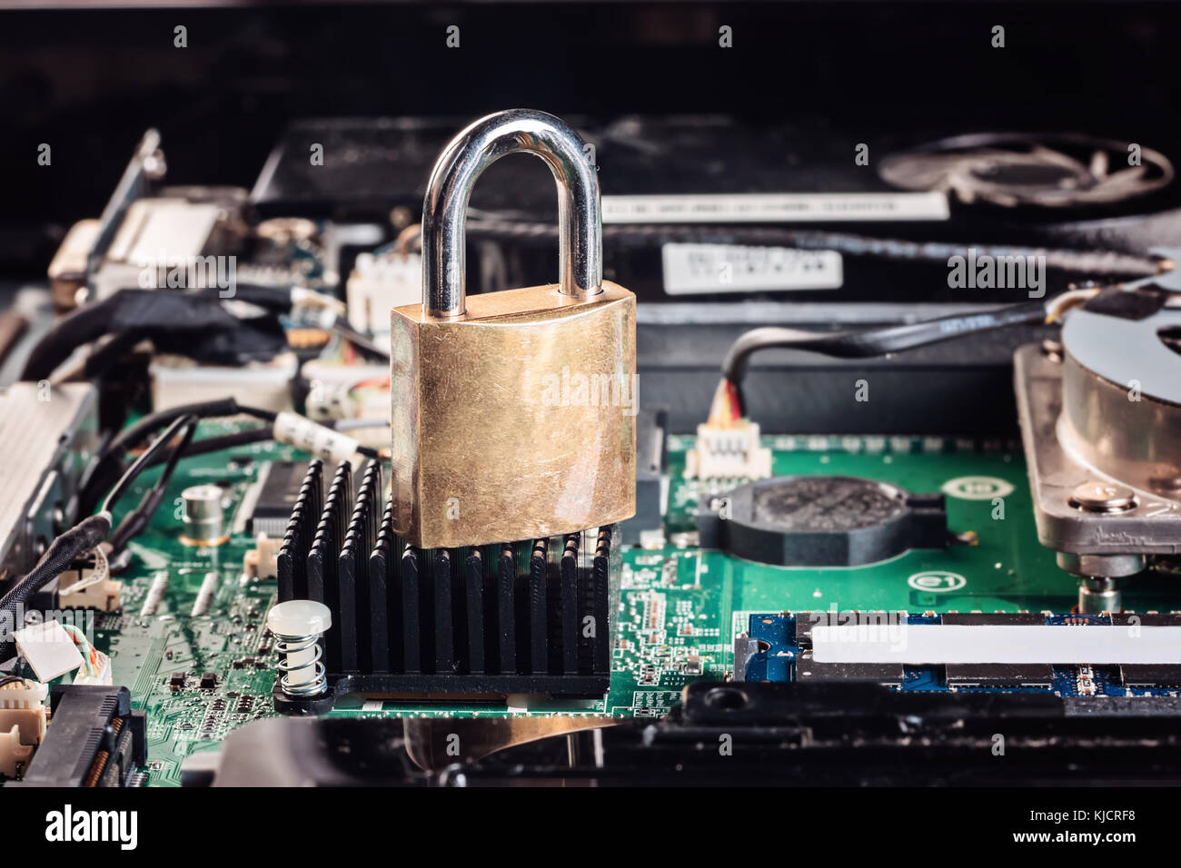 Lock of Computer chip analysis repair of PC laptop. Protection concept ...