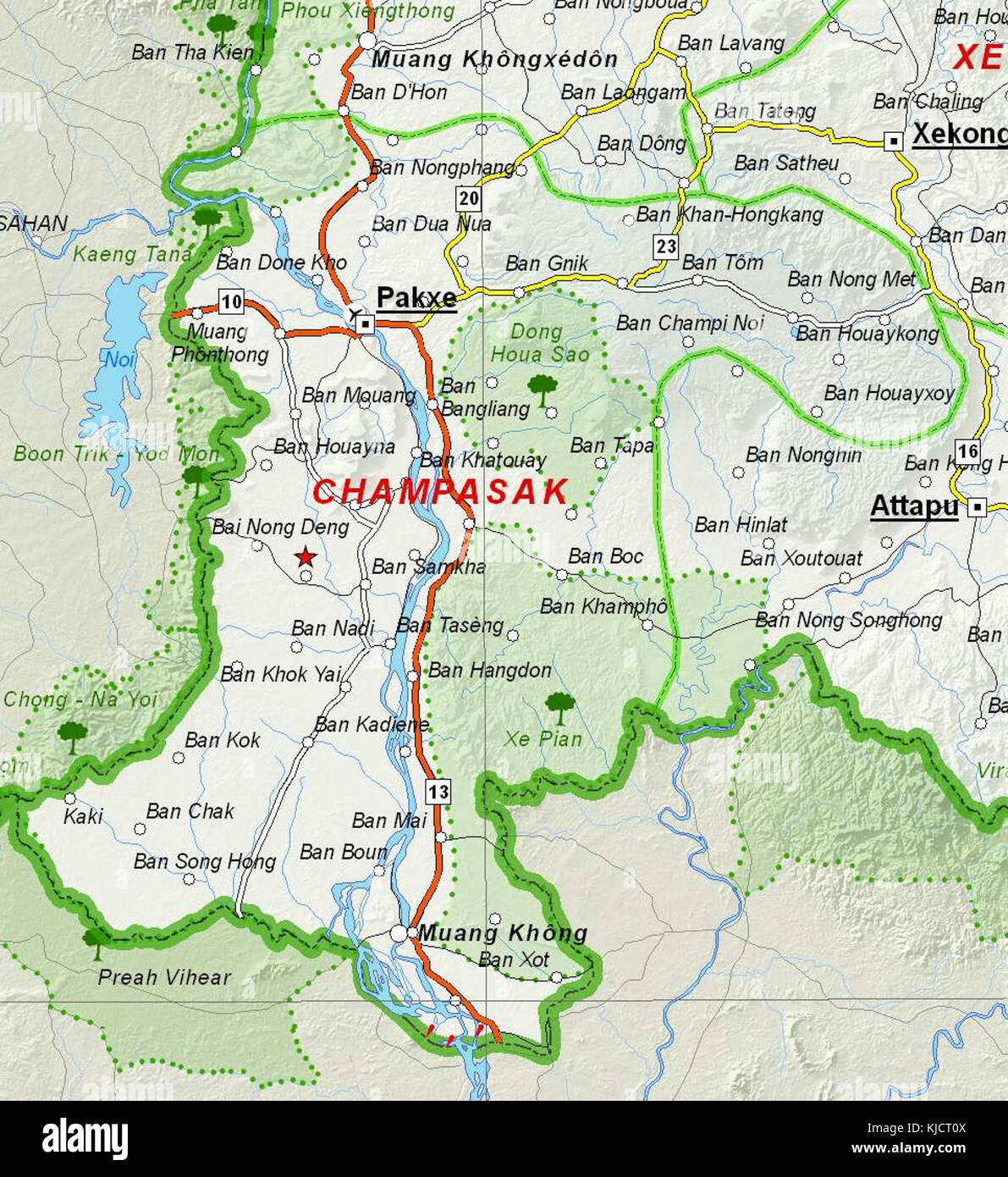 A map of Champasak Province in Laos, showing its geographical features ...