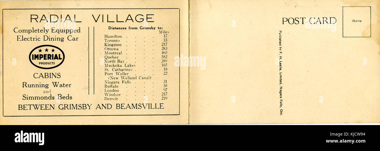 Postcard Radial Village Grimsby Ontario backside Stock Photo - Alamy