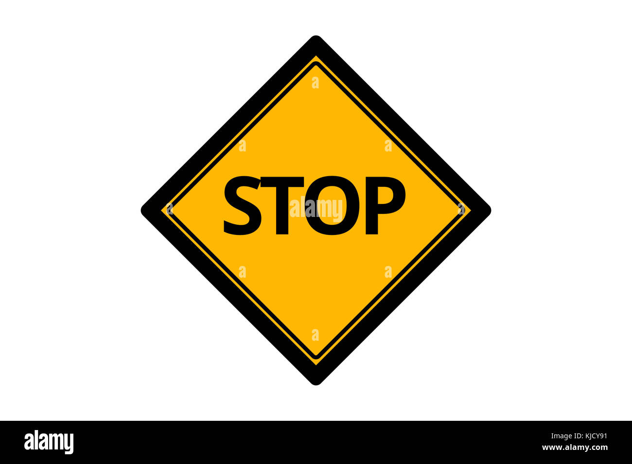 Illustrative traffic signboard with stop message in yellow frame ...