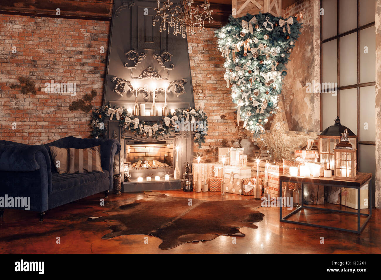 alternative tree upside down on the ceiling. Winter home decor. Modern ...