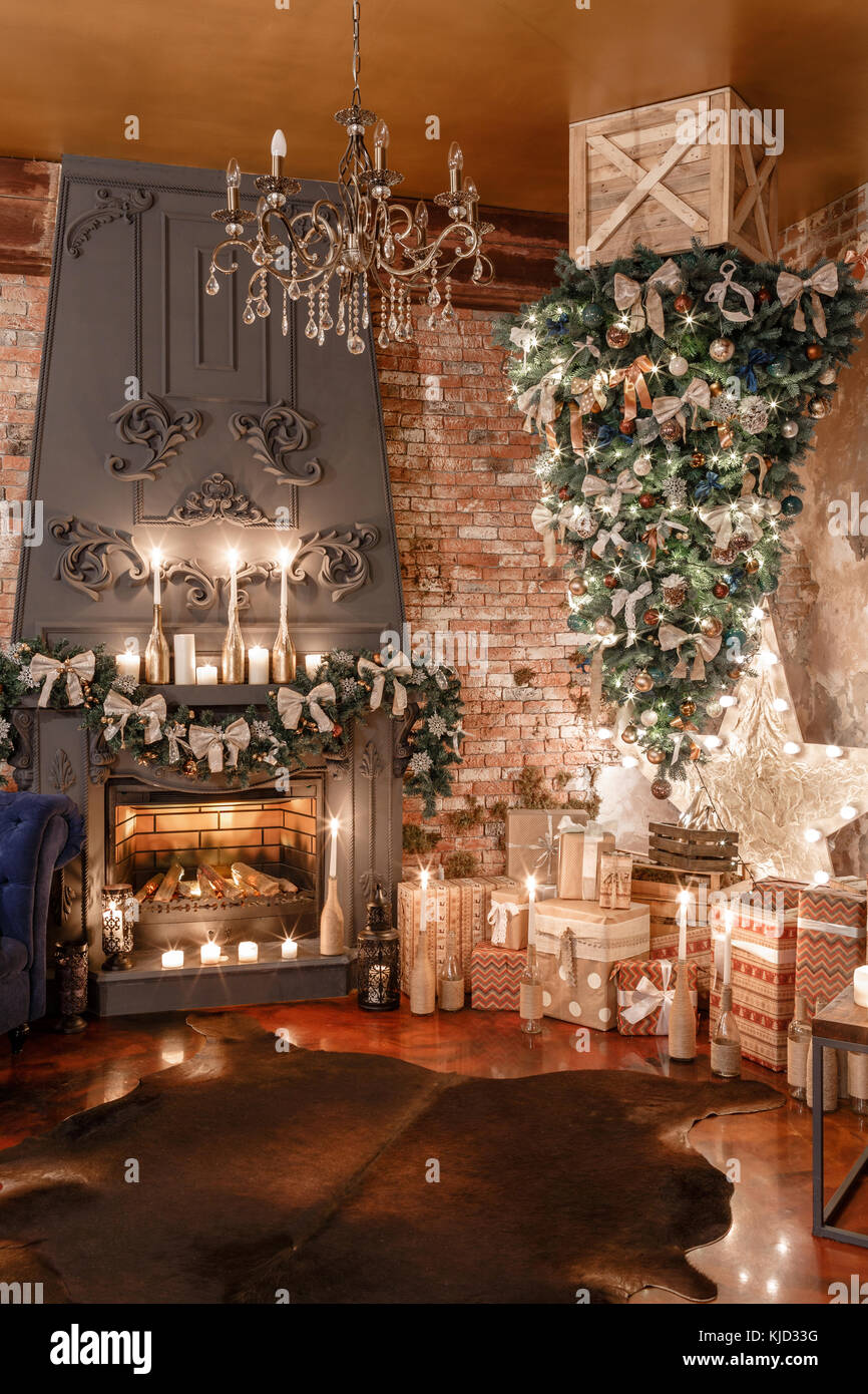 alternative tree upside down on the ceiling. Winter home decor. Modern ...