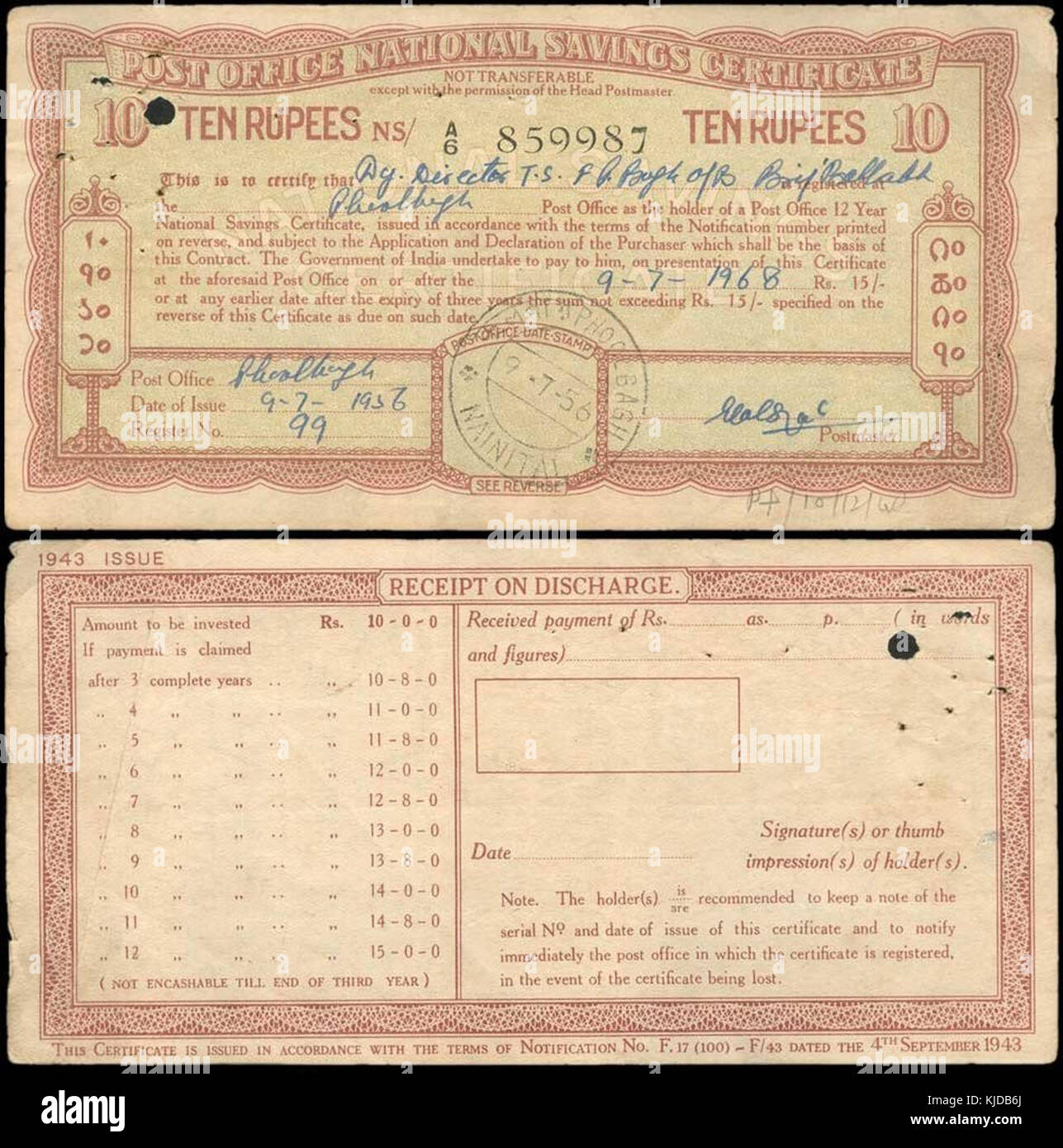 India 1956 10R Post Office National Savings Certificate front and back ...