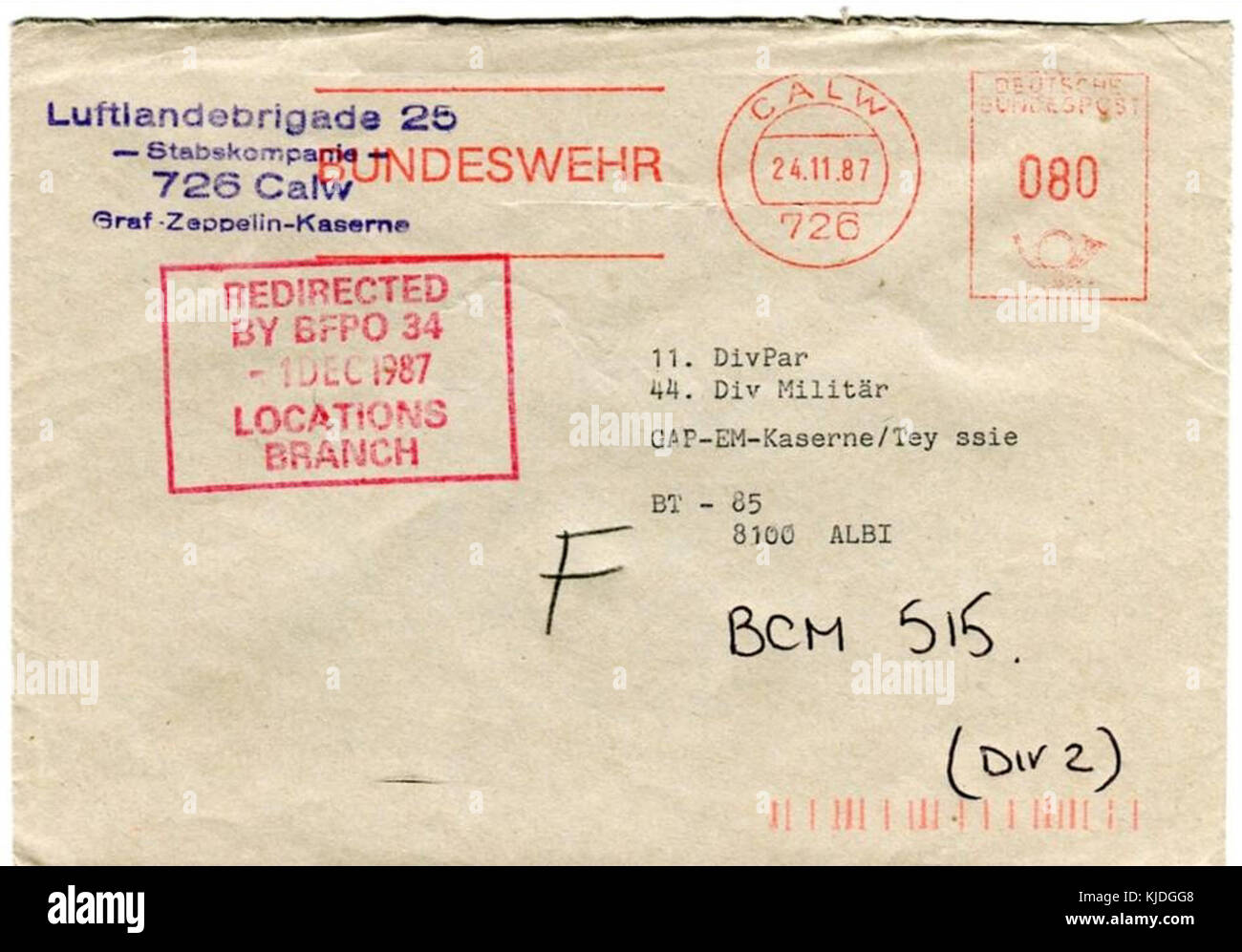 1987 Bundeswehr cover from Calw Germany redirected by BFPO Stock Photo ...