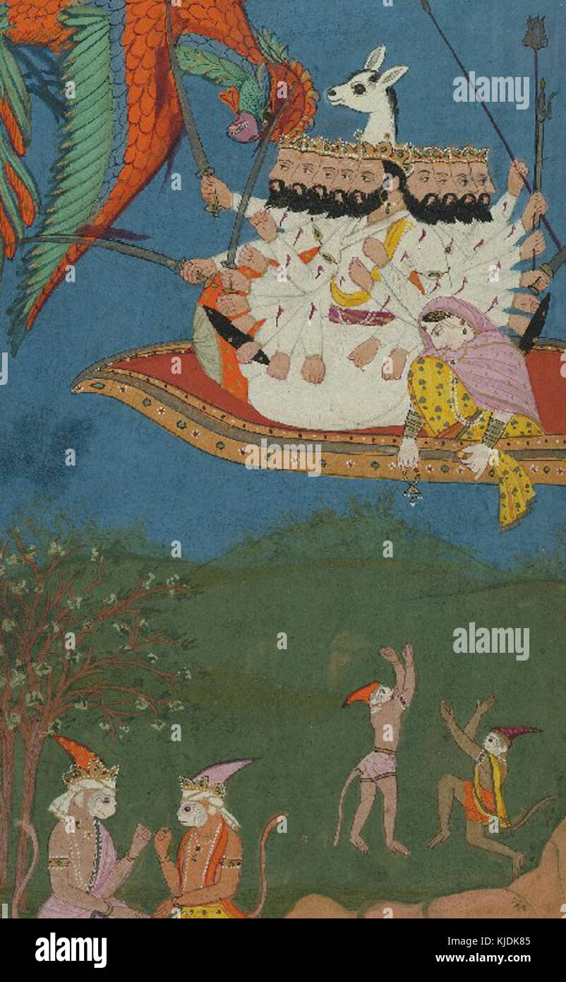 Ravana killing Jatayu while the monkeys watch from below as Ravana then ...