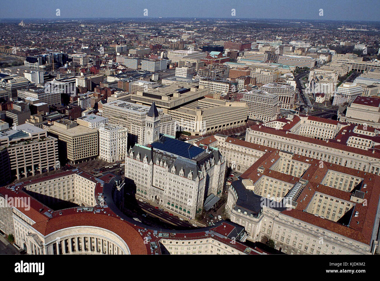 An aerial view highlighting federal buildings with red roofs ...