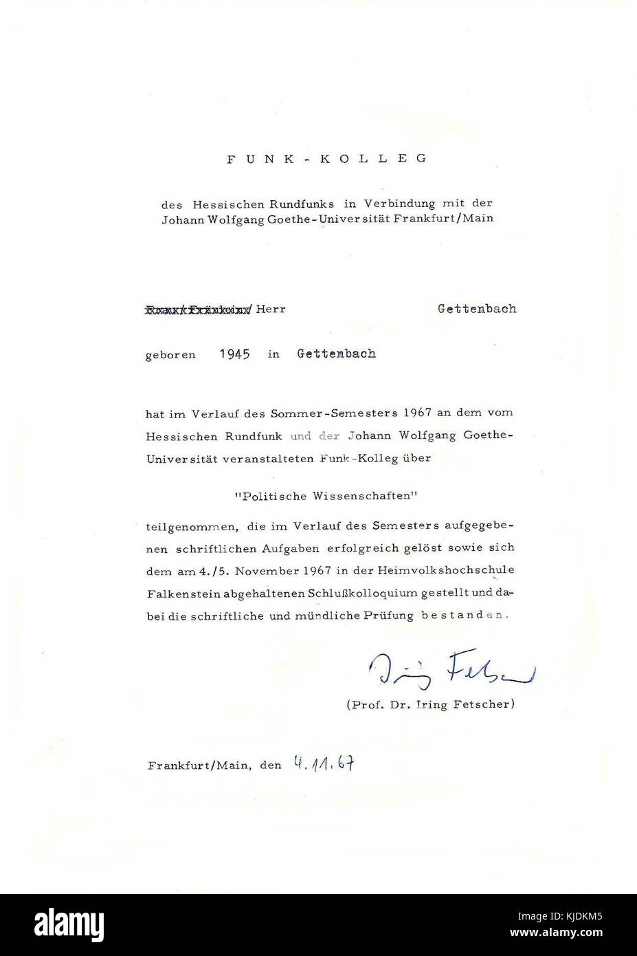 Certificate of Political Science from Funk Kolleg, dated November 4 ...