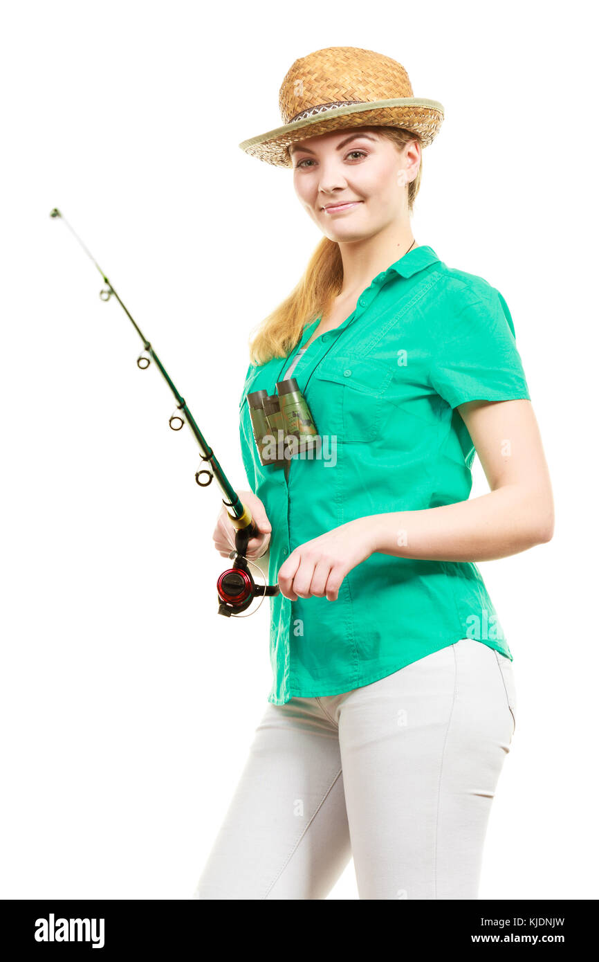 Fishery, spinning equipment, angling sport and activity concept. Happy ...
