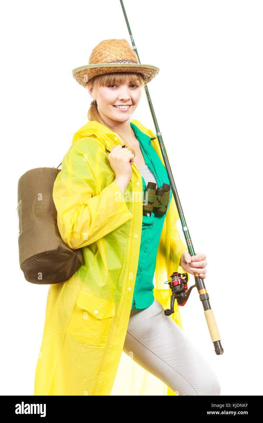 Fishery, spinning equipment, angling sport and activity concept. Woman ...