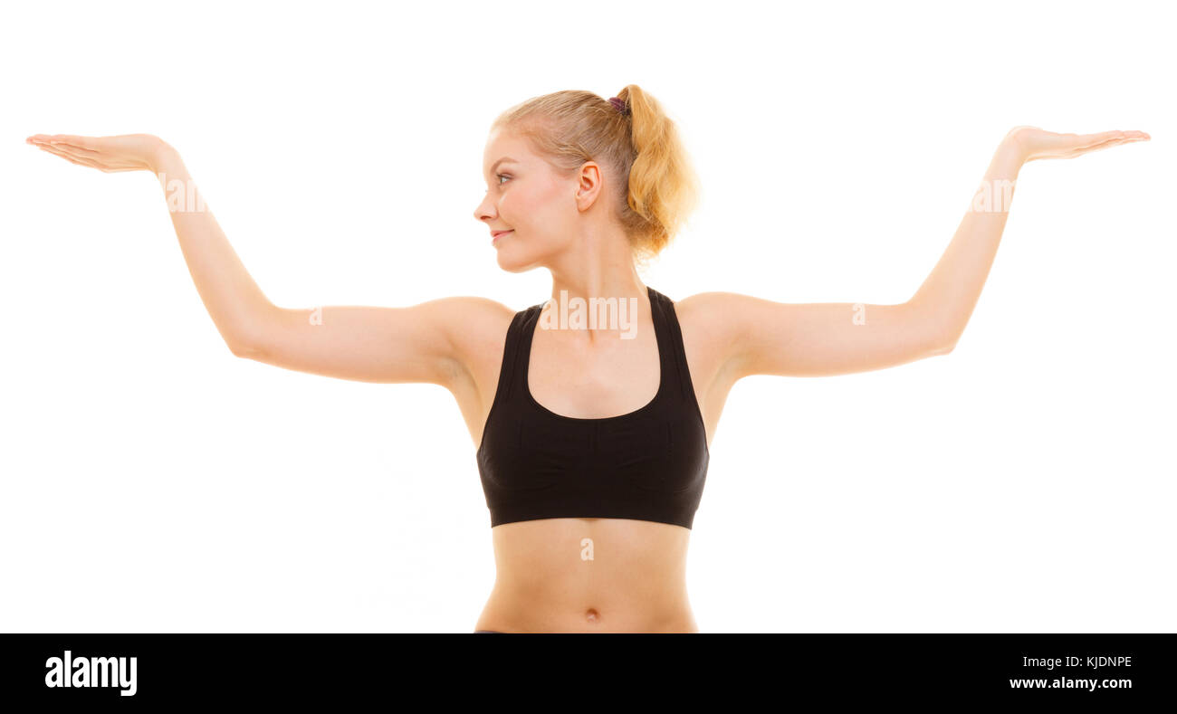 Sport and active lifestyle. fitness sporty girl stretching showing open ...
