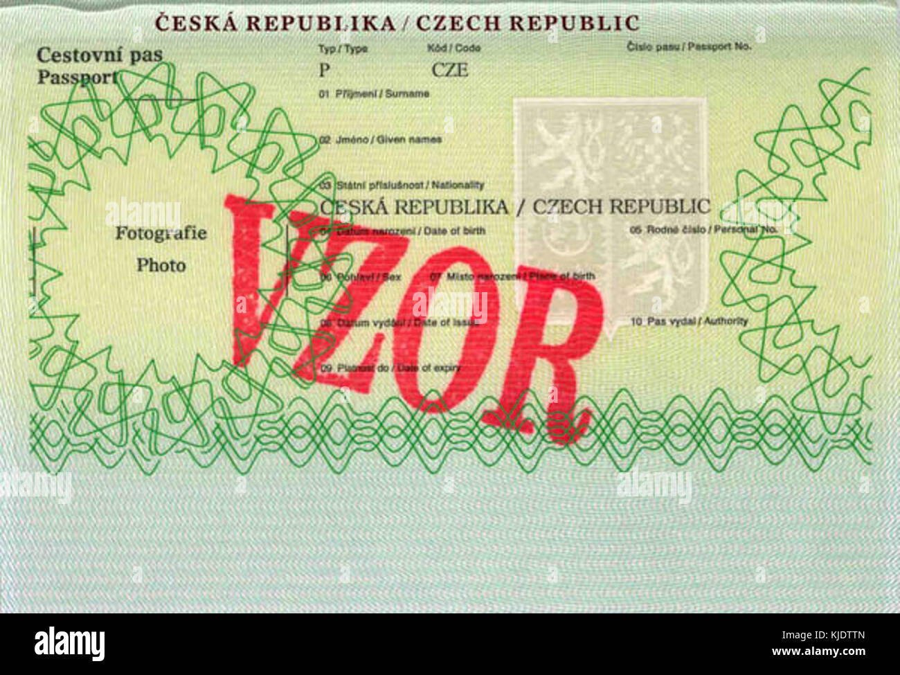 A 1993 Czech passport, showing identification data and various security ...